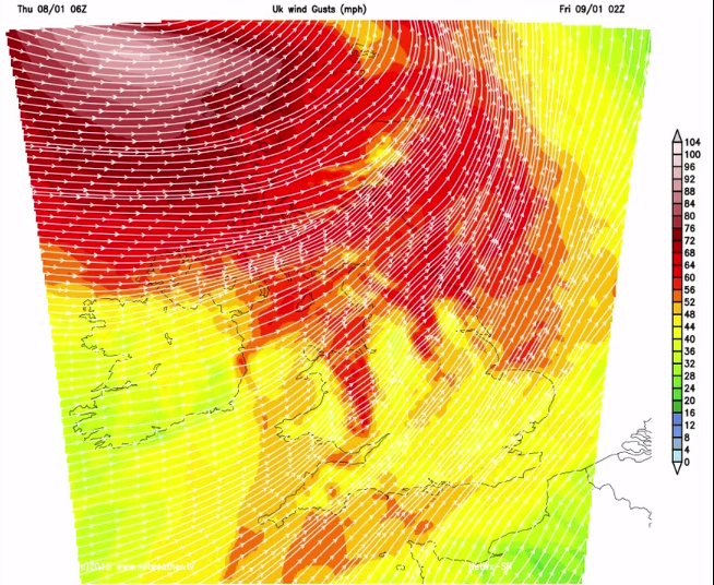 Gusts of 100mph Possible Tonight - An animated wind gust forecast