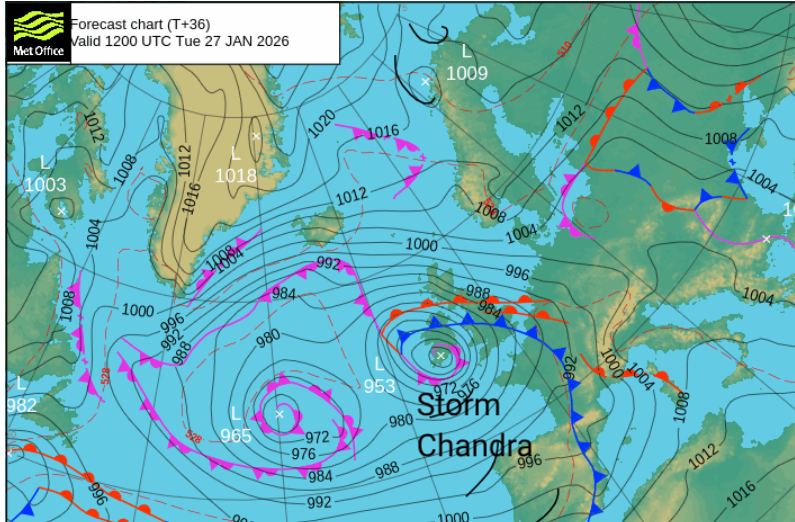 Northern American cold links to UK Storm Chandra on Tuesday